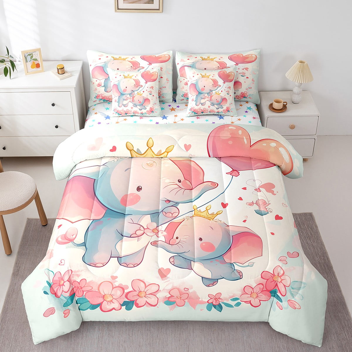 Pink Elephant Comforter Set Queen Size,Cherry Blossom Flower Floral Bed ...