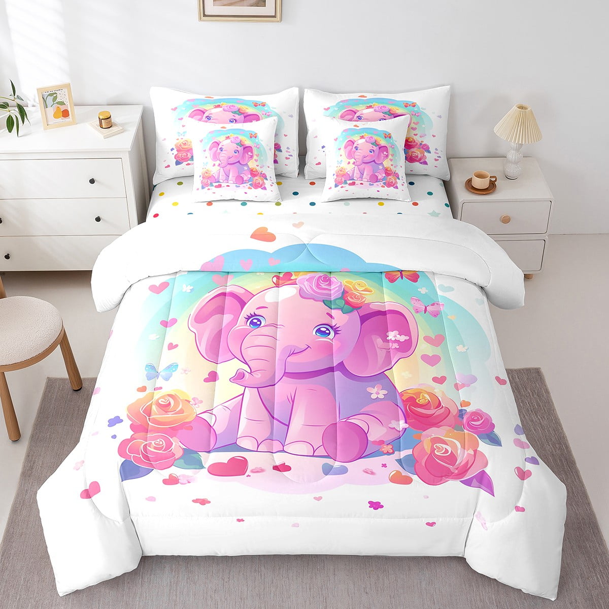 Pink Elephant Comforter Set Romantic Flowers Pattern King Bedding Set ...