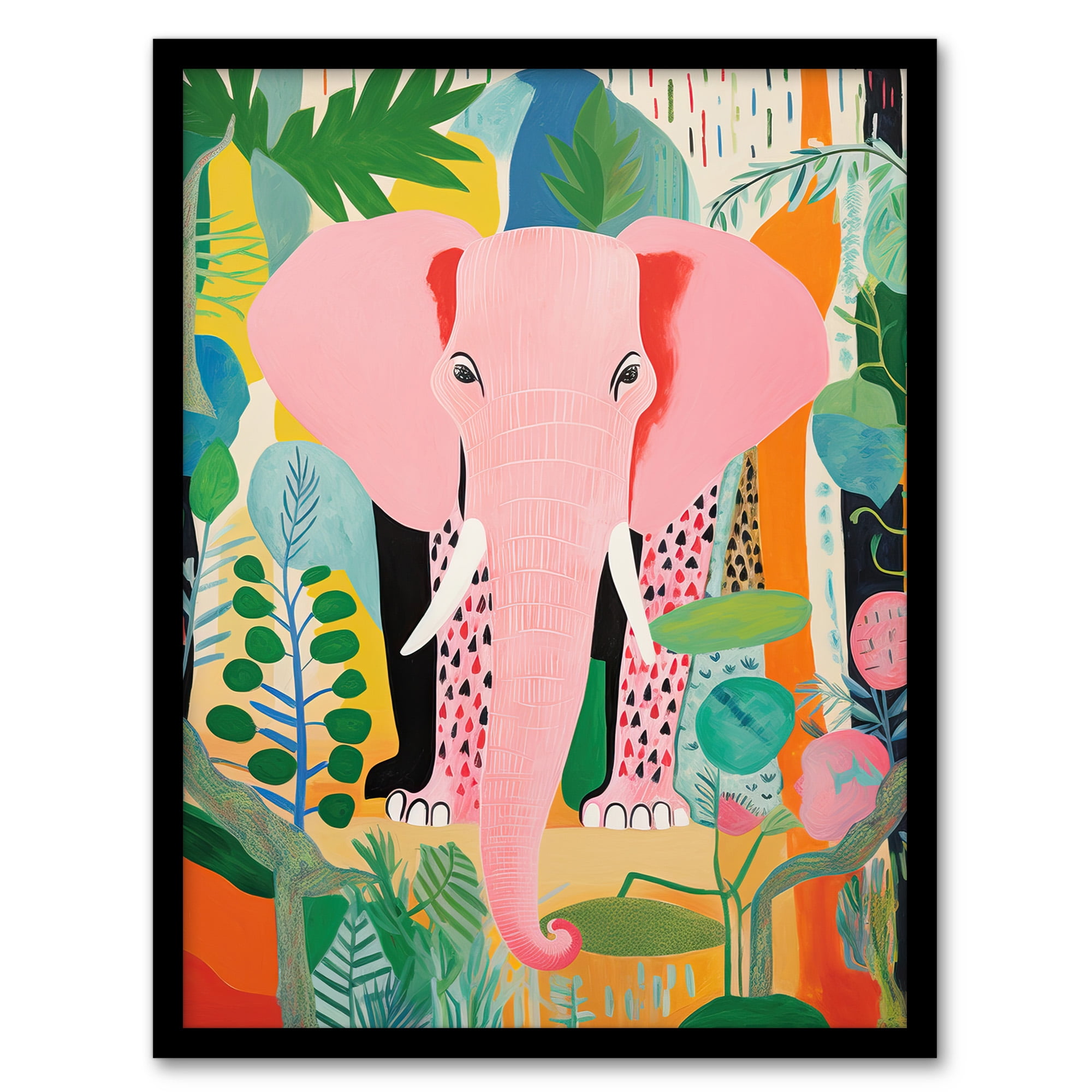 Pink Elephant Jungle Animal Fun Multicoloured Artwork Framed Wall Art ...