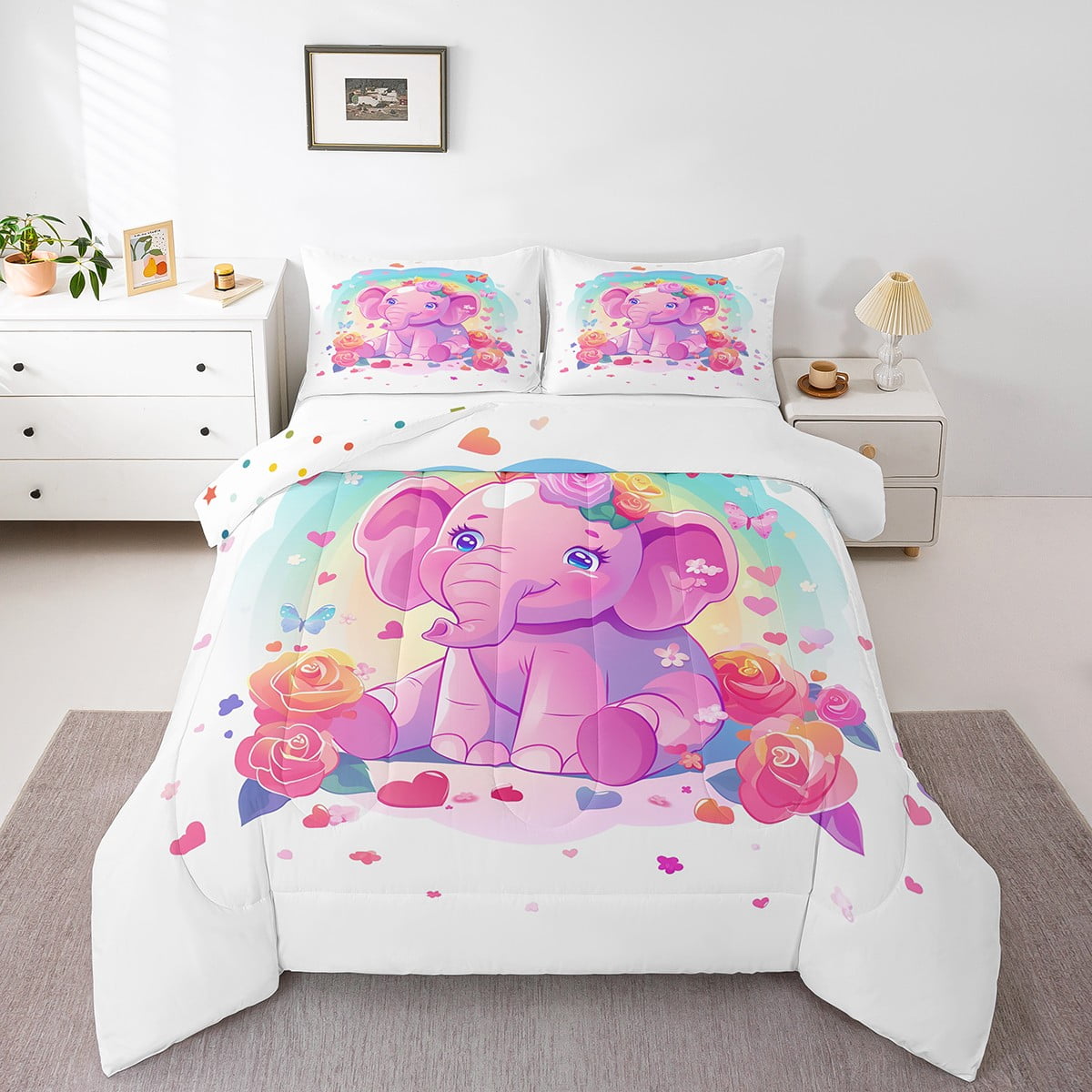 Pink Elephant Queen Comforter Set Romantic Flowers Pattern Bedding Set ...