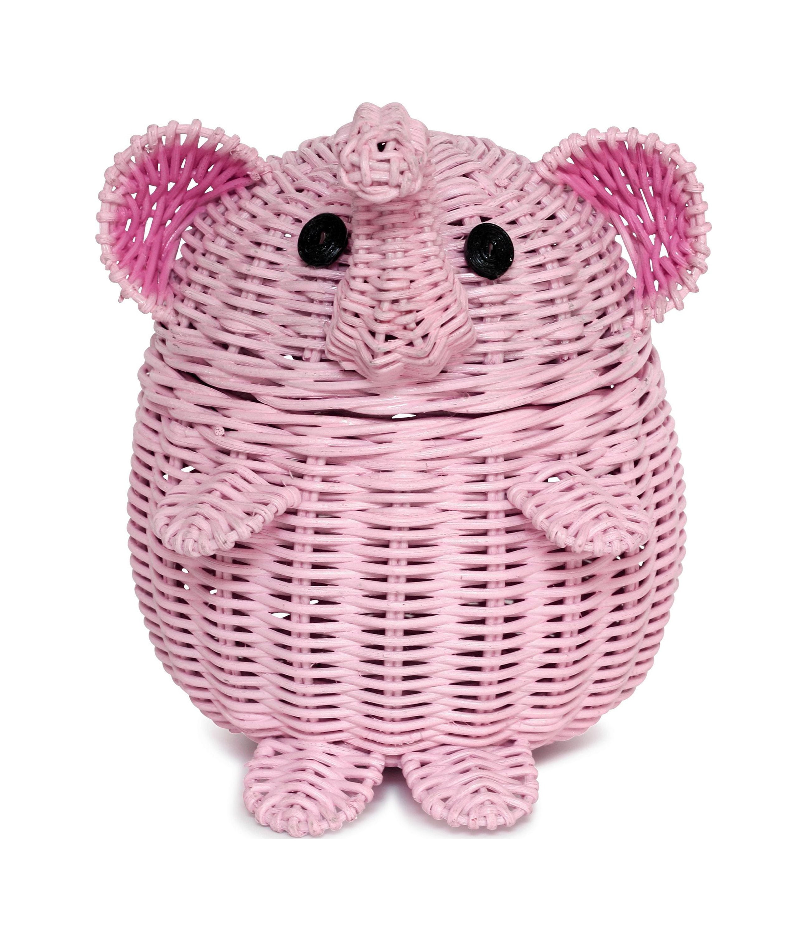 Pink Elephant Rattan Storage Basket With Lid Hand Woven Shelf Organizer ...