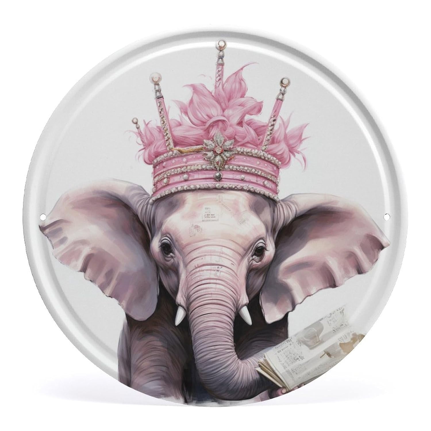 Pink Elephant Wearing A Crown And Holding A Pen Round Tin Sign Lovely ...