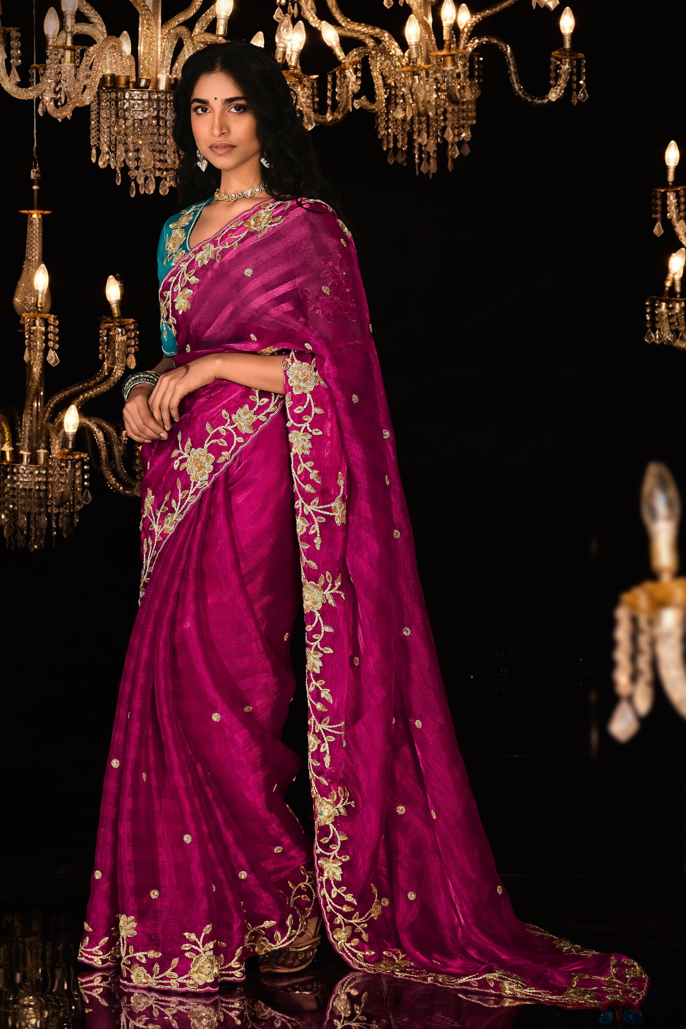 Pink Embroidered Organza Silk Saree - Walmart.com
