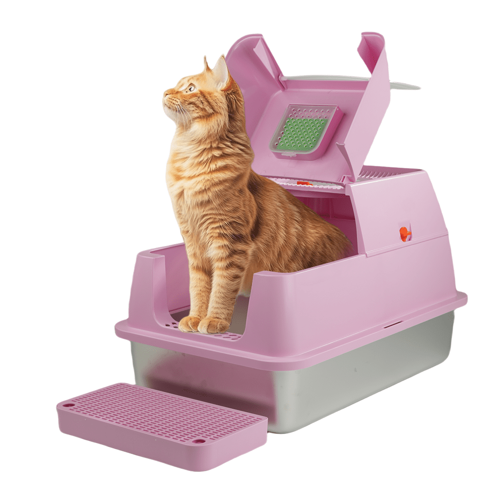 "Pink Enclosed Cat Litter Box with Door - Splash & Odor Proof Design ...