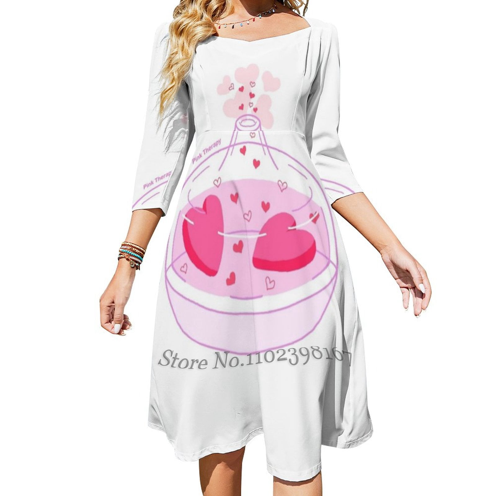 Pink Essential Oil Diffuser Flare Dress Square Neck Dress Elegant ...