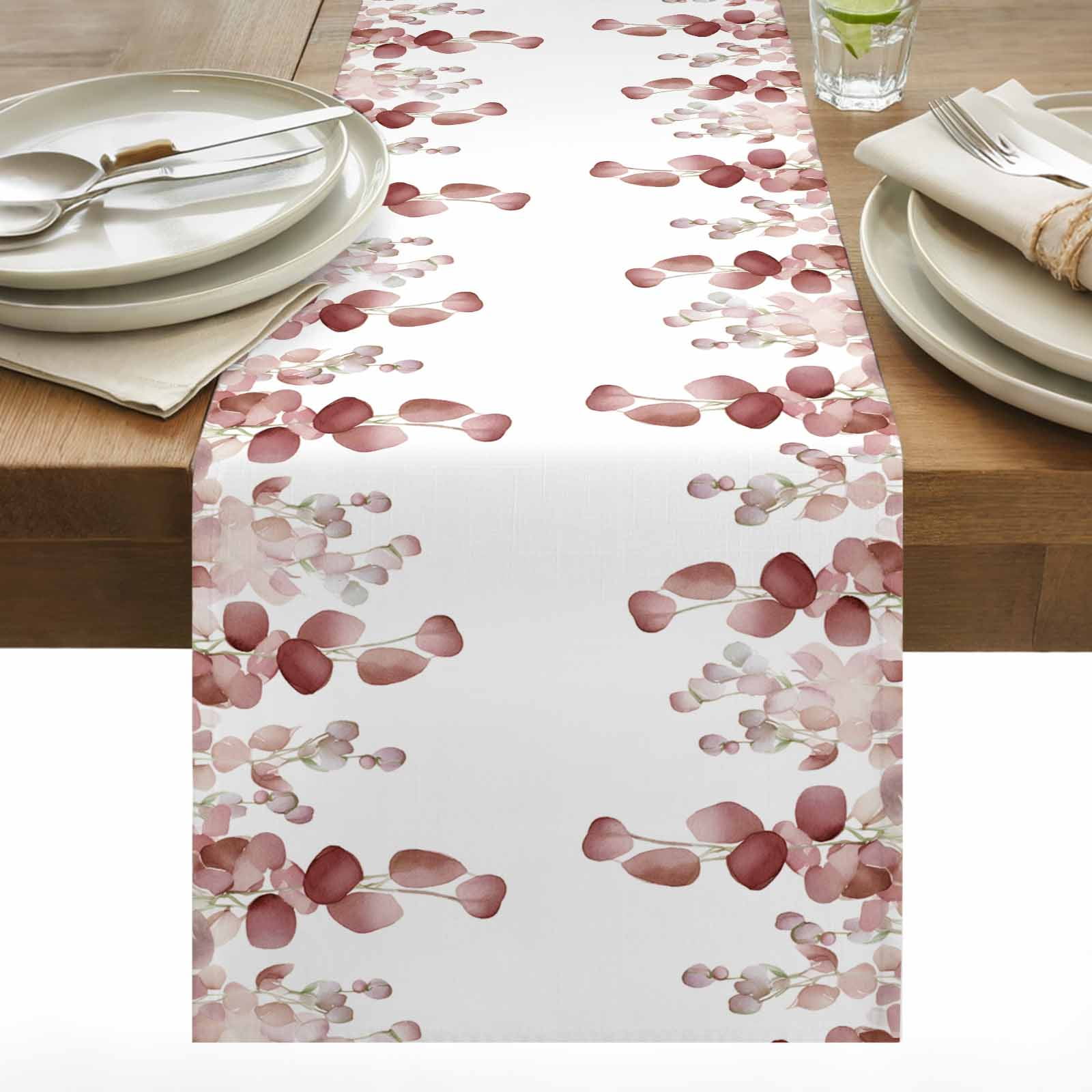 Pink Eucalyptus Cotton Linen Table Runner Leaves Watercolor Plants ...