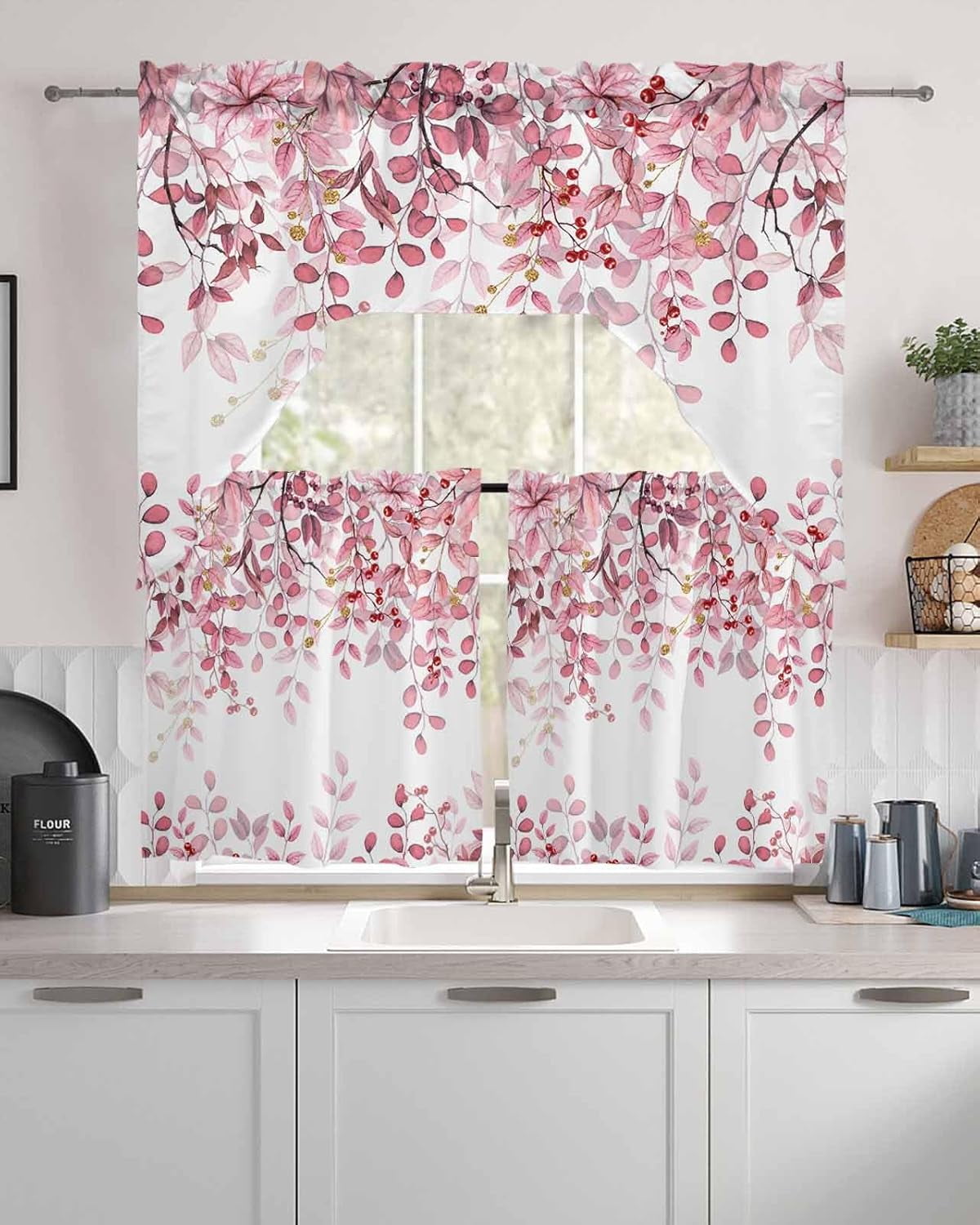 Pink Eucalyptus Leaves Swag Curtains Valance and Tier Set, Rod Pocket 3 Piece Kitchen Curtains ...