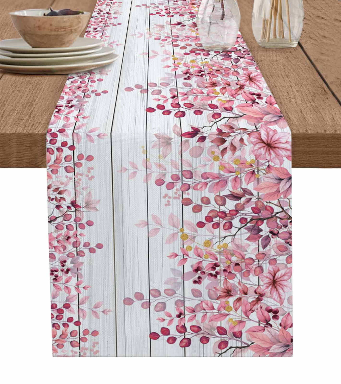 Pink Eucalyptus Leaves Table Runners 90 Inches Long, Cotton Linen Fabric Table Runner Dresser ...