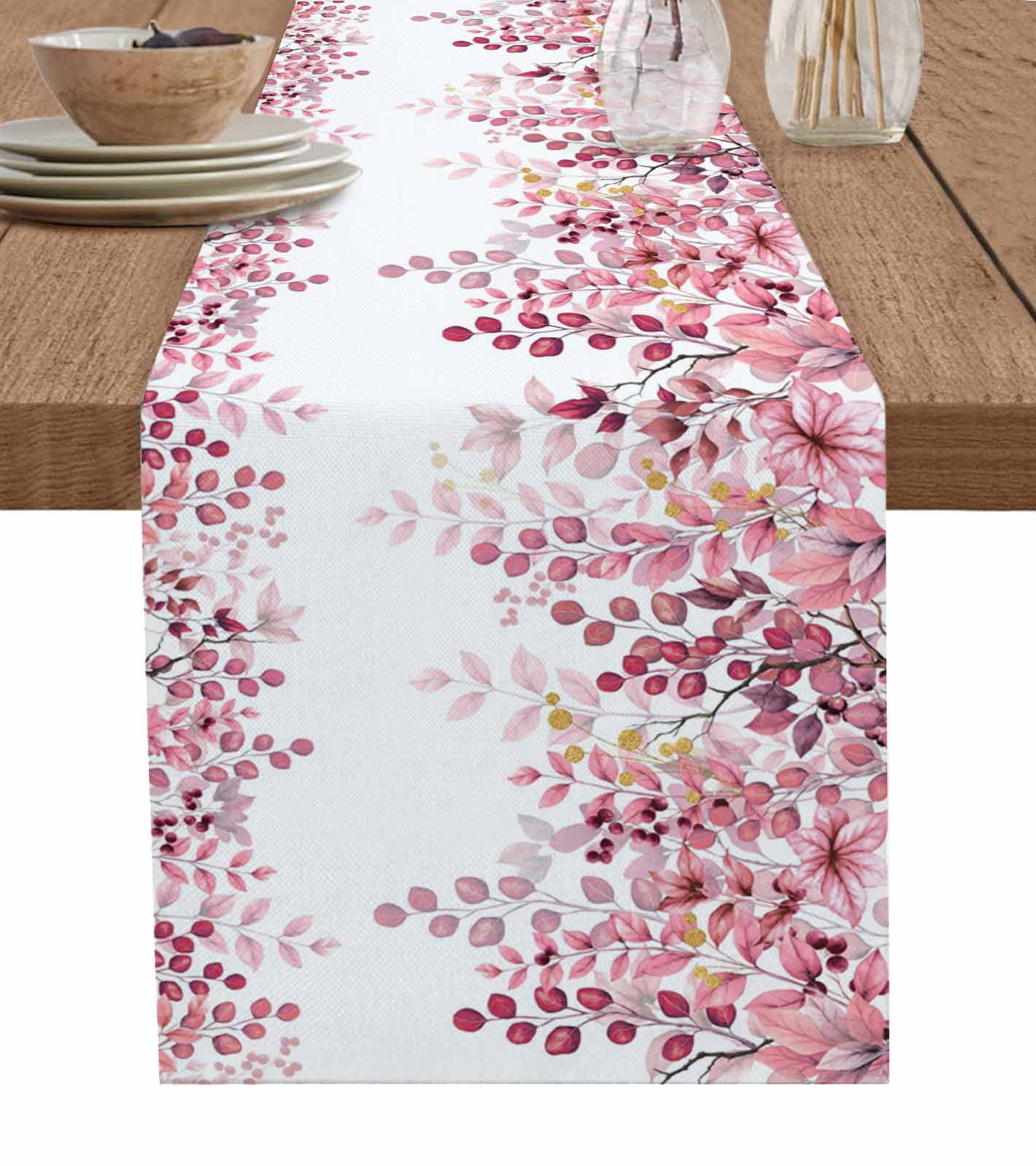 Pink Eucalyptus Table Runners 60 Inches Long, Cotton Linen Fabric Table ...