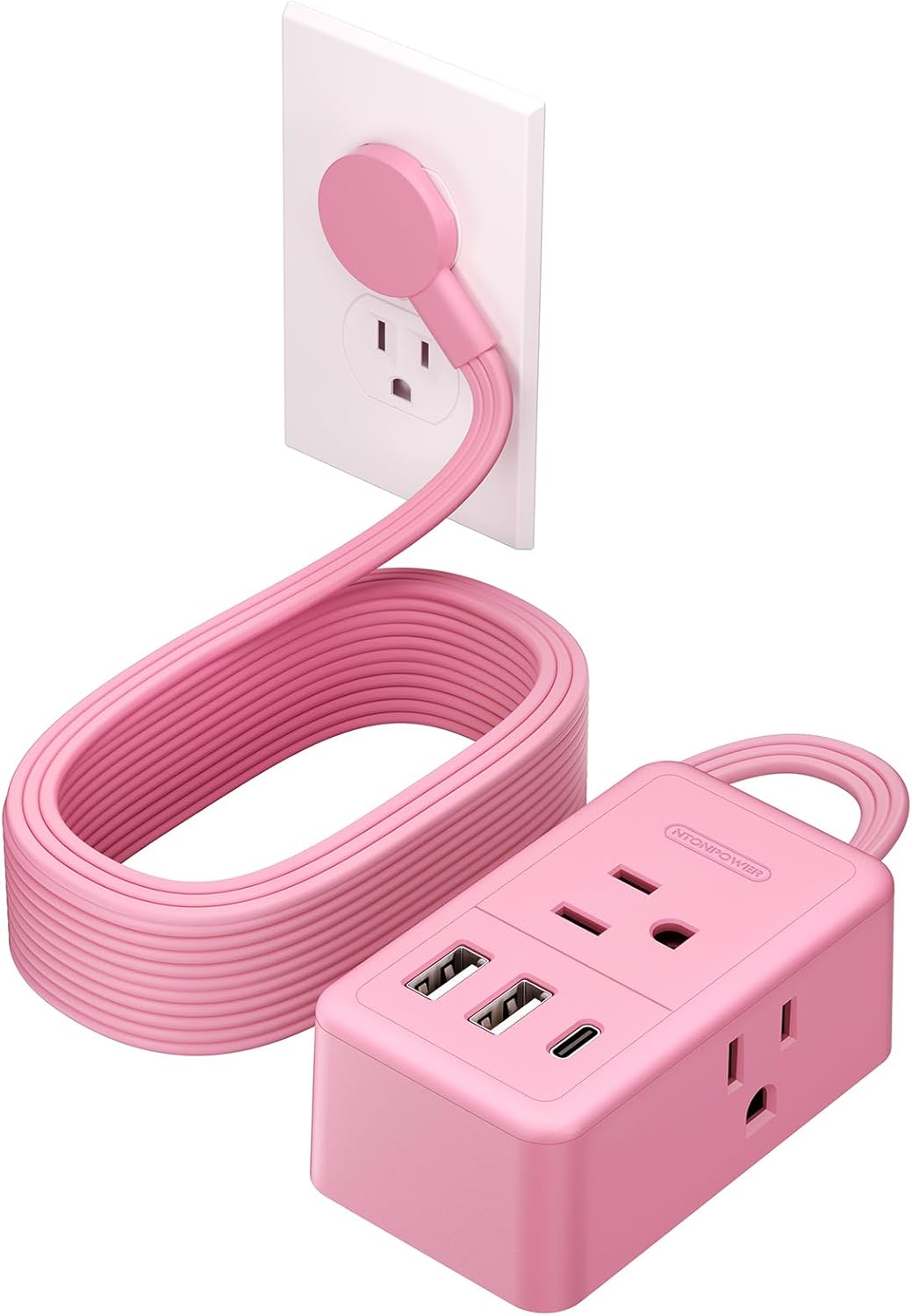 Pink Extension Cord 15 ft, Pink Power Strip Extension Cord Flat Wall Plug with 3 Outlets 3 USB ...