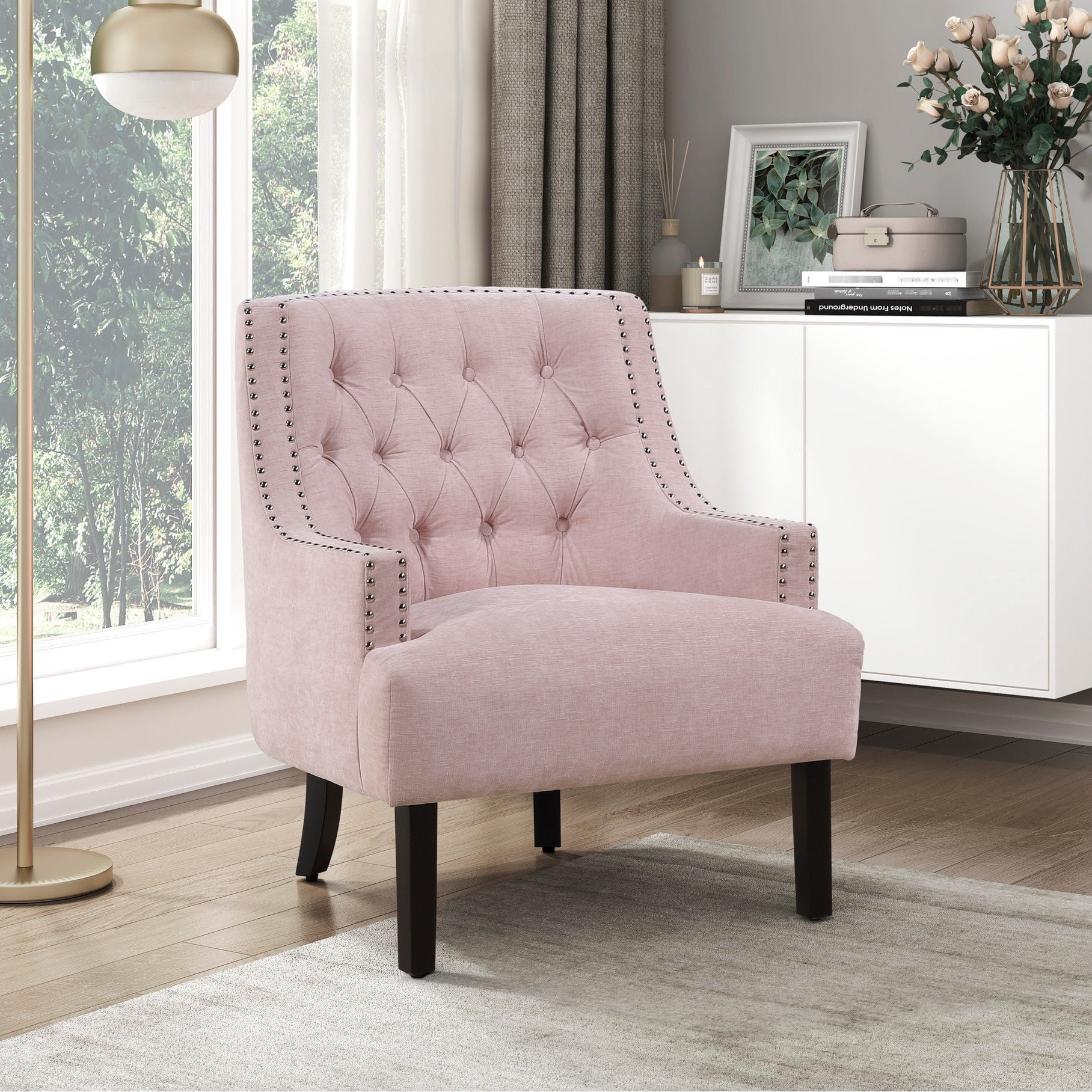 Pink Fabric Accent Chair | Ideal for Living Room Decor | Dacron Wrapped ...