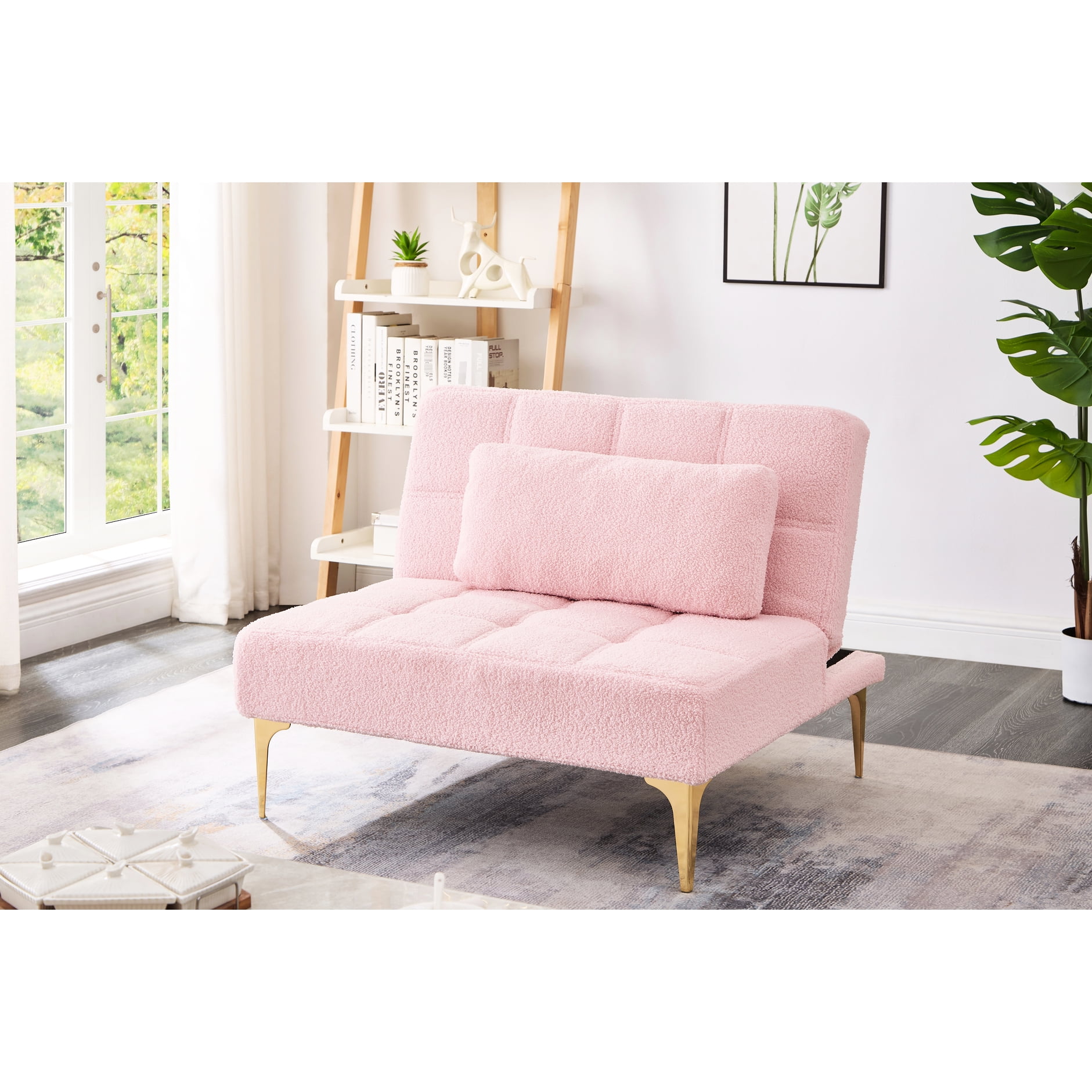 Pink Fabric Bed Futon With Stable Gold Metal Legs - Versatile For ...