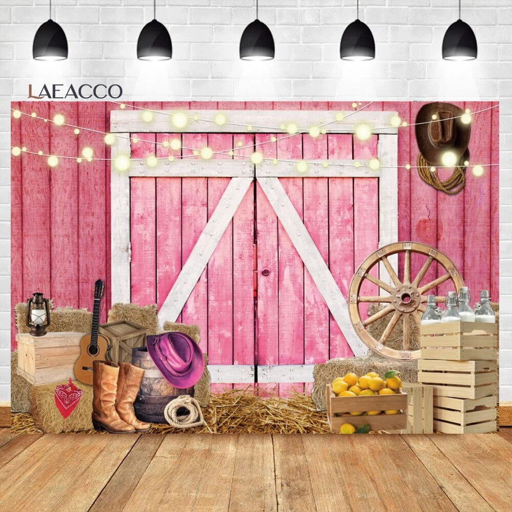 Pink Farm Barn Door Backdrop Rustic Wood House Straw Baby Shower ...