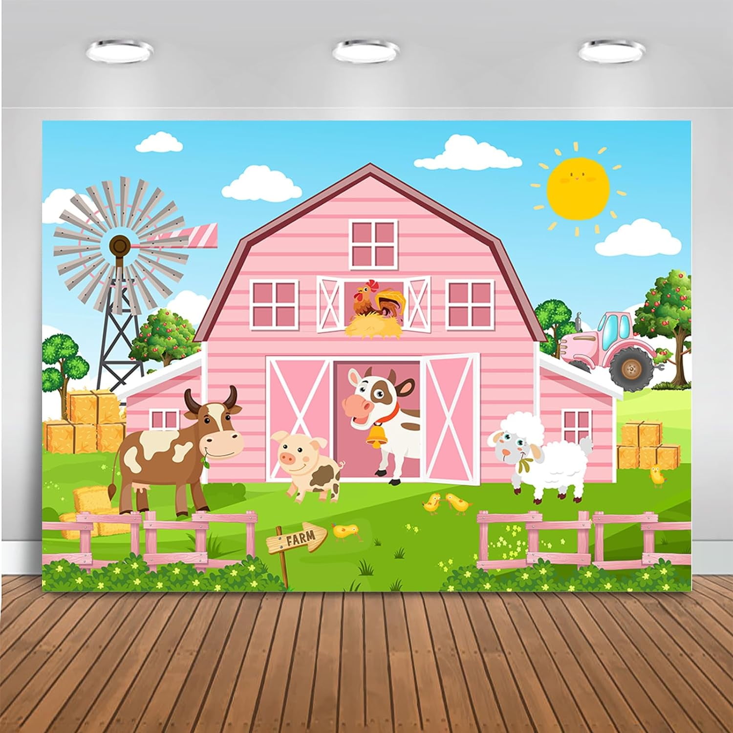 Pink Farm Barn Theme Beautiful Backdrop Large Cartoon Farm Animals ...