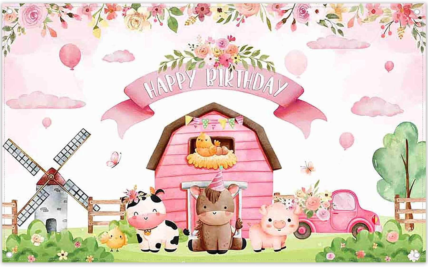Pink Farm Happy Birthday Photography Backdrop Animals Cartoon Barn Door ...