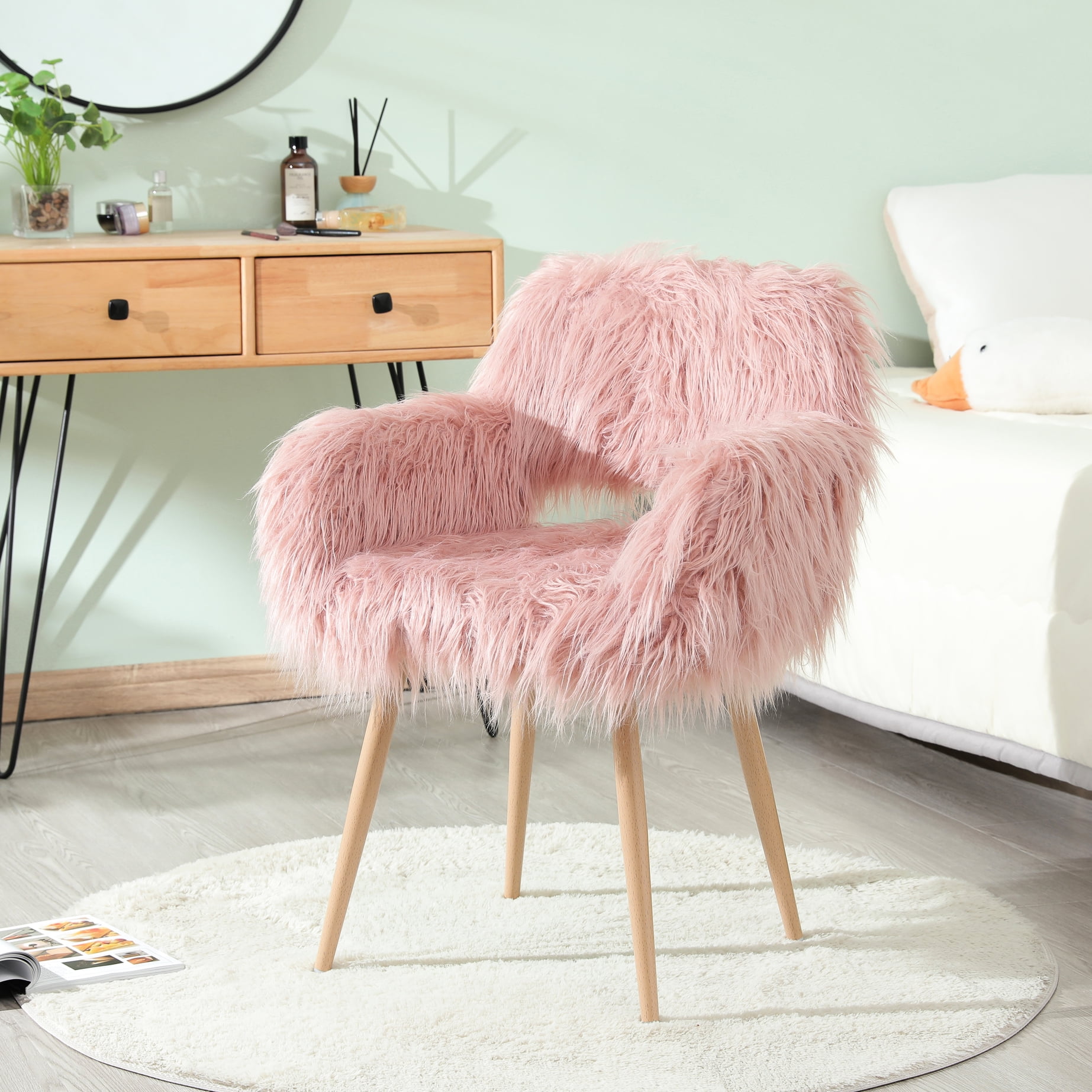 Pink Faux Fur Chair With Water Transfer Metal Legs - Elegant Addition ...