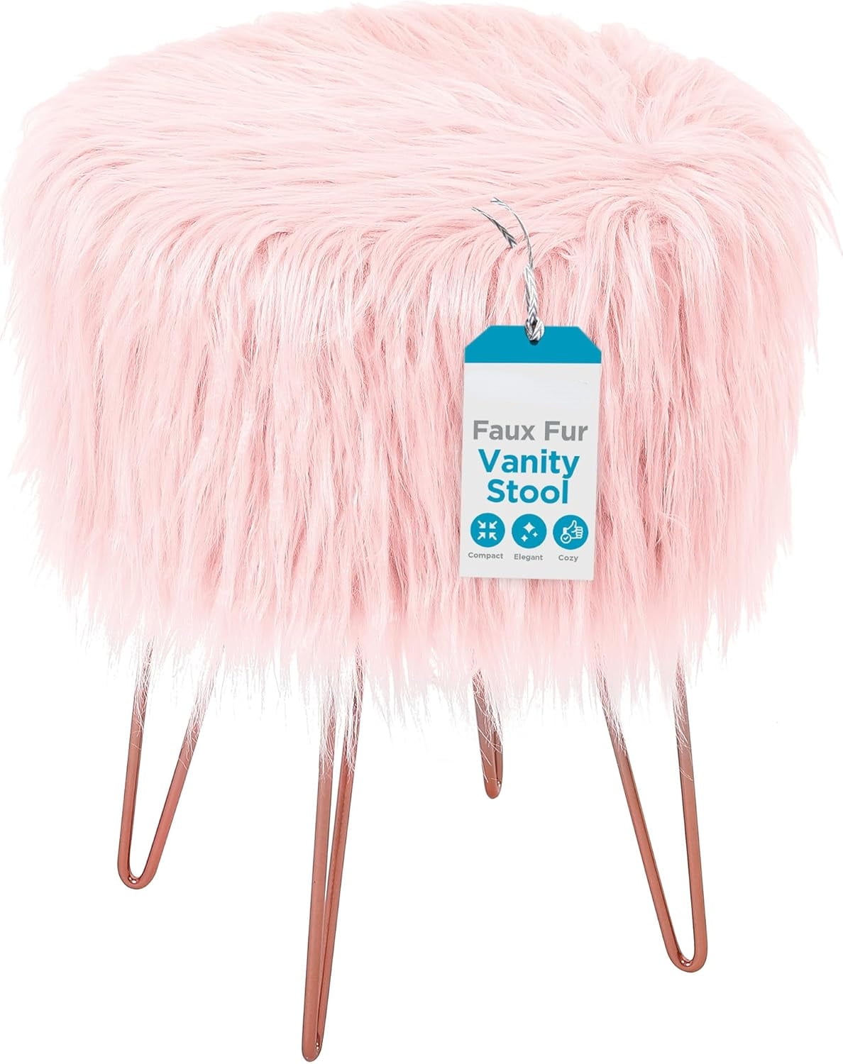 Pink Faux Fur Vanity Stool Chair - Soft Furry Compact Padded Seat ...