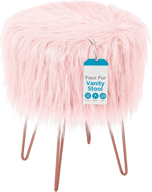 Pink Faux Fur Vanity Stool Chair - Soft Furry Compact Padded Seat ...