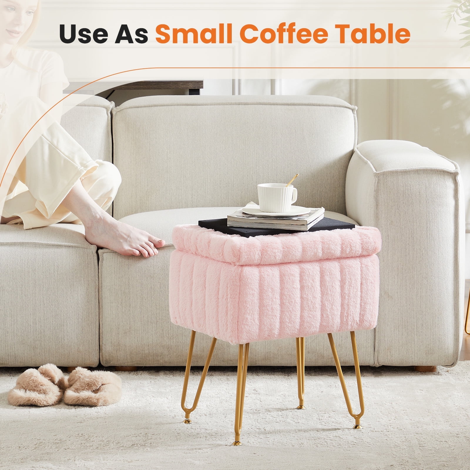 Pink Faux Fur Vanity Stool with Hidden Storage - Adjustable Height ...