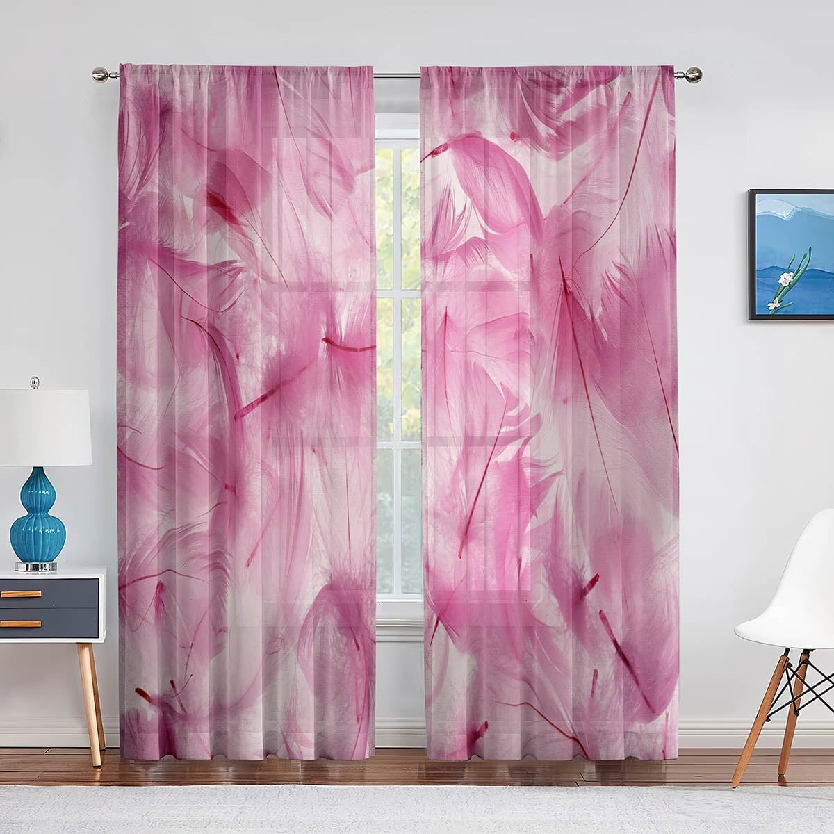 Pink Feather Modern Simple Sheer Voile Curtain for Bedroom Living Room ...