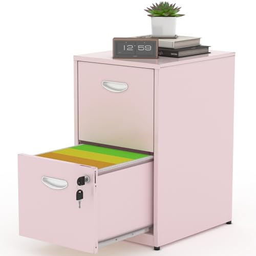 Pink File Cabinet, 2 Drawer Filing Cabinet with Lock, Under Desk File ...