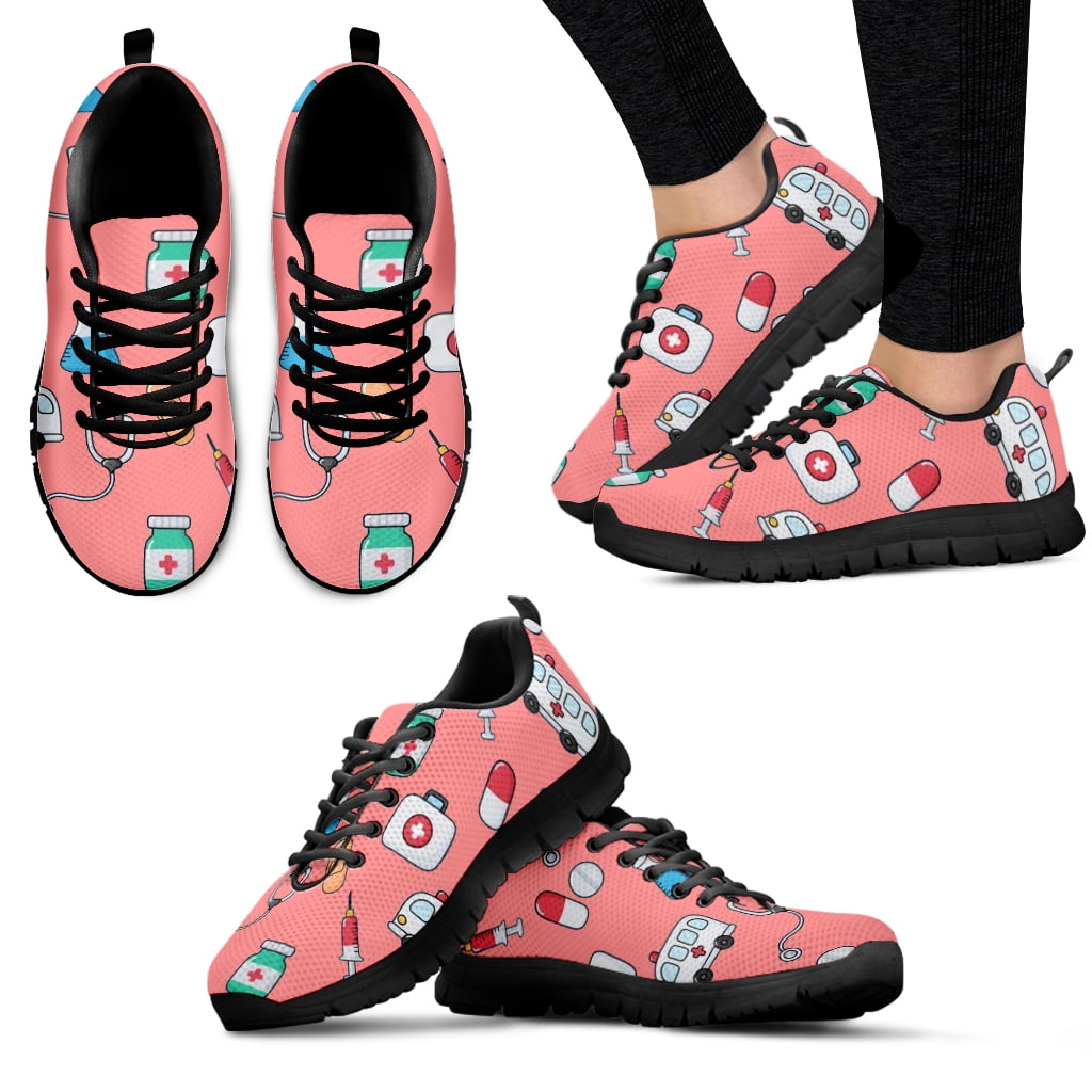Pink First Aid Medical Lace Up Sneakers Nurse Shoes Comfortable Outdoor ...