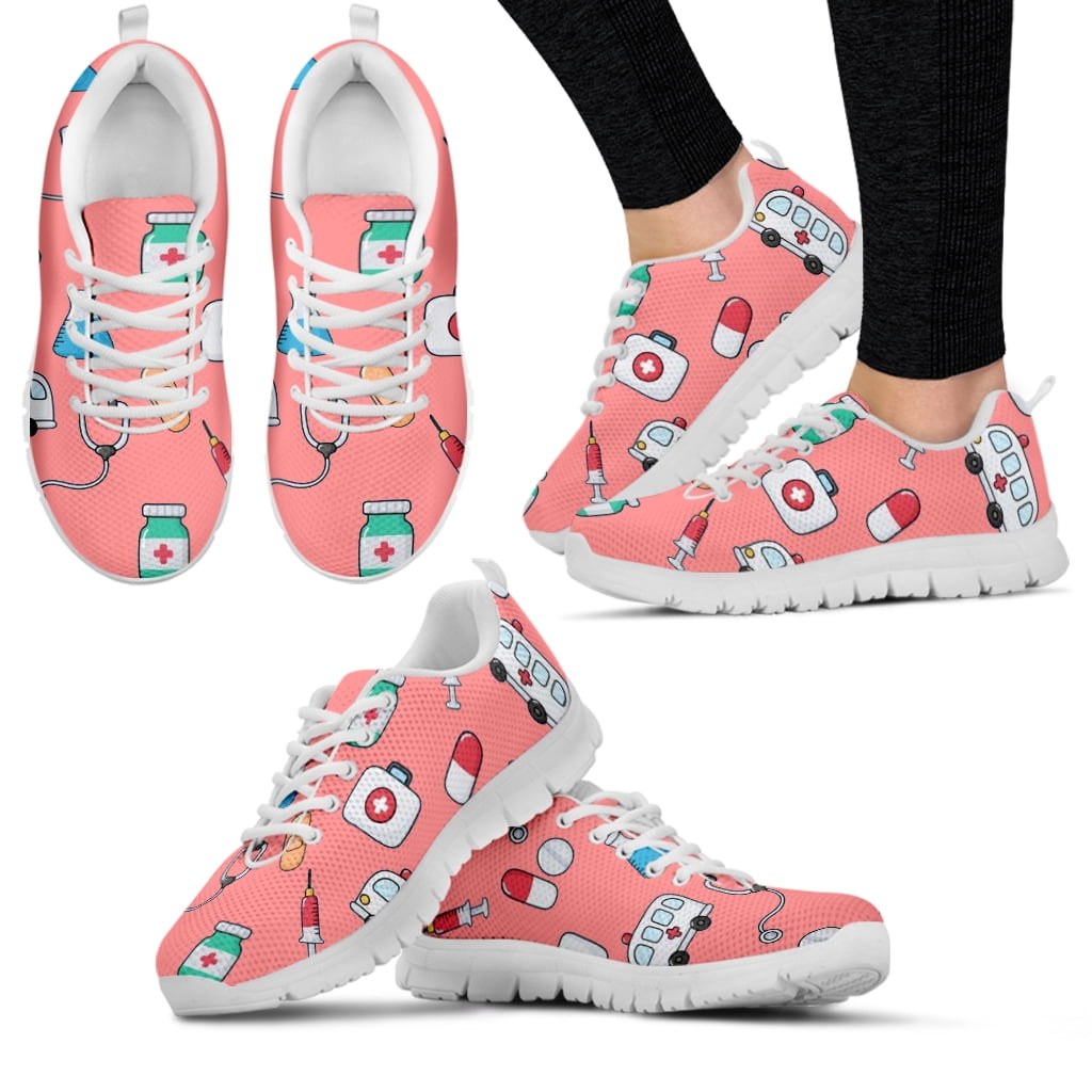 Pink First Aid Medical Lace Up Sneakers Nurse Shoes Comfortable Outdoor ...