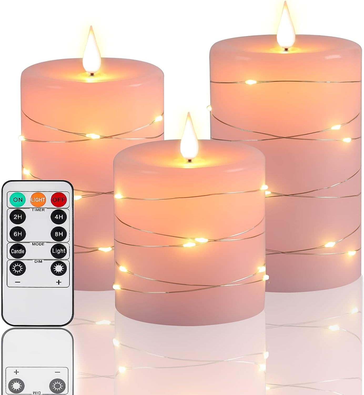 Pink Flameless Candles with String Lights Battery Operated Flickering ...