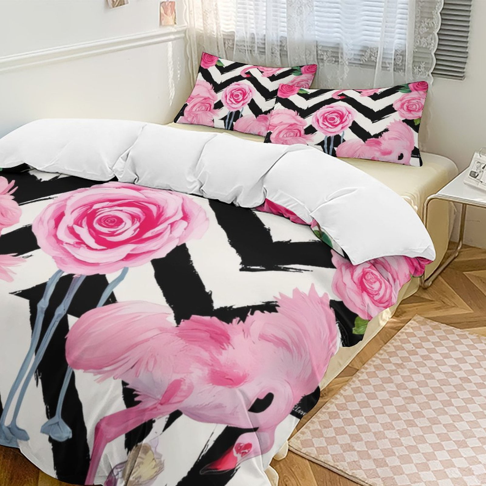 Pink Flamingo And Rose Pattern 3D Duvet Cover Set Quilt Cover Theme of ...