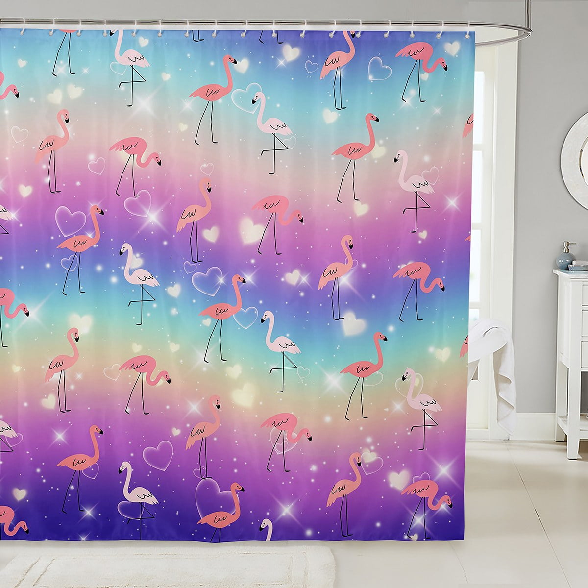 Pink Flamingo Bath Curtain Women Flamingo Decor Shower Curtain Blue ...