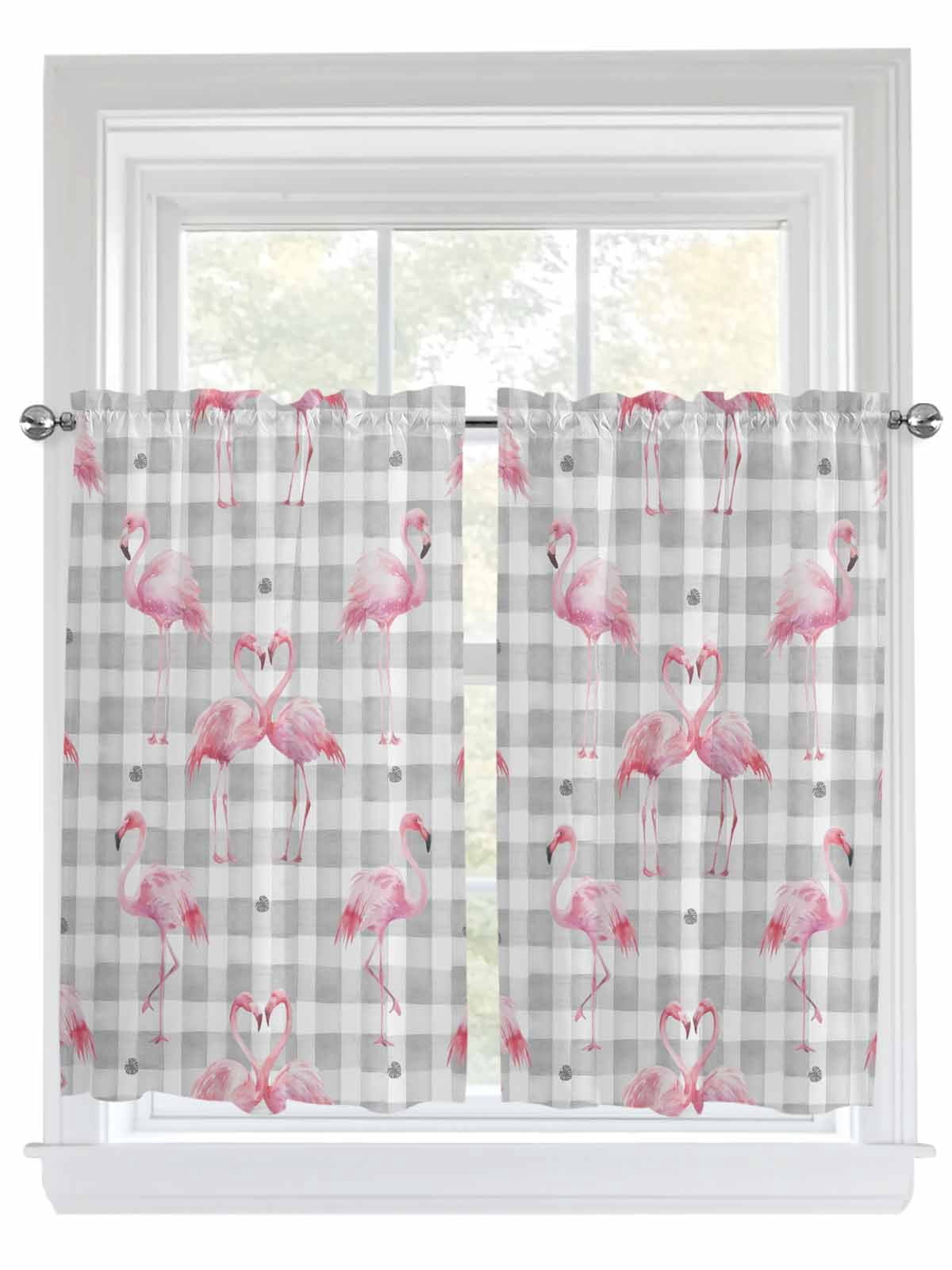 Pink Flamingo Bathroom Window Curtain, Summer Tropical Animals Grey ...