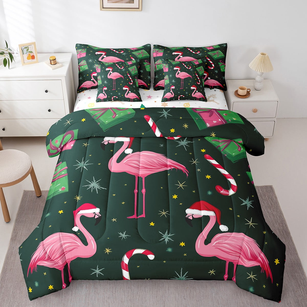 Pink Flamingo Bed In A Bag 7 Pcs,Christmas Animal Pattern Comforter Set ...