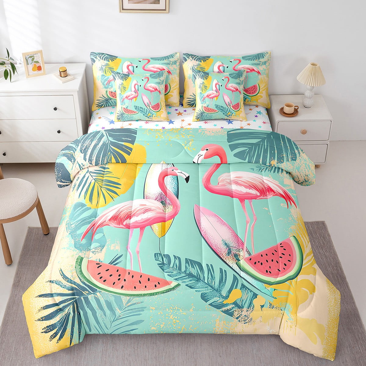 Pink Flamingo Bed In A Bag Twin 7 Pcs Green Palm Leaves Bedding Set ...