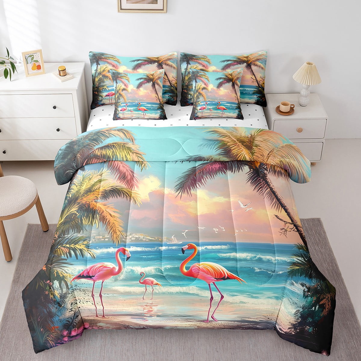 Pink Flamingo Bed In A Bag Hawaii Beach Comforter 7 Pieces,Tropical ...