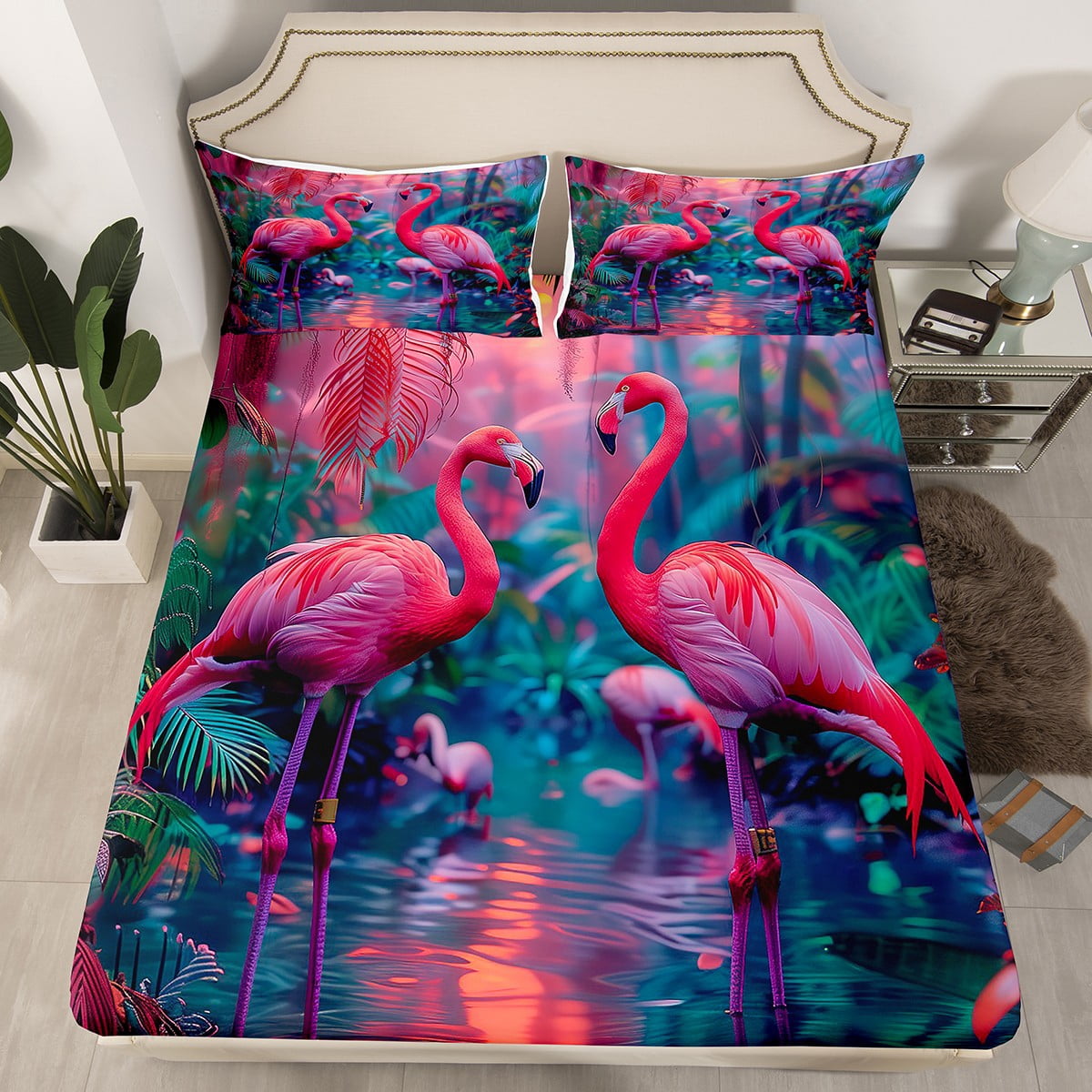 Pink Flamingo Bed Sheets Dreaming Jungle Fitted Sheet Queen Size ...