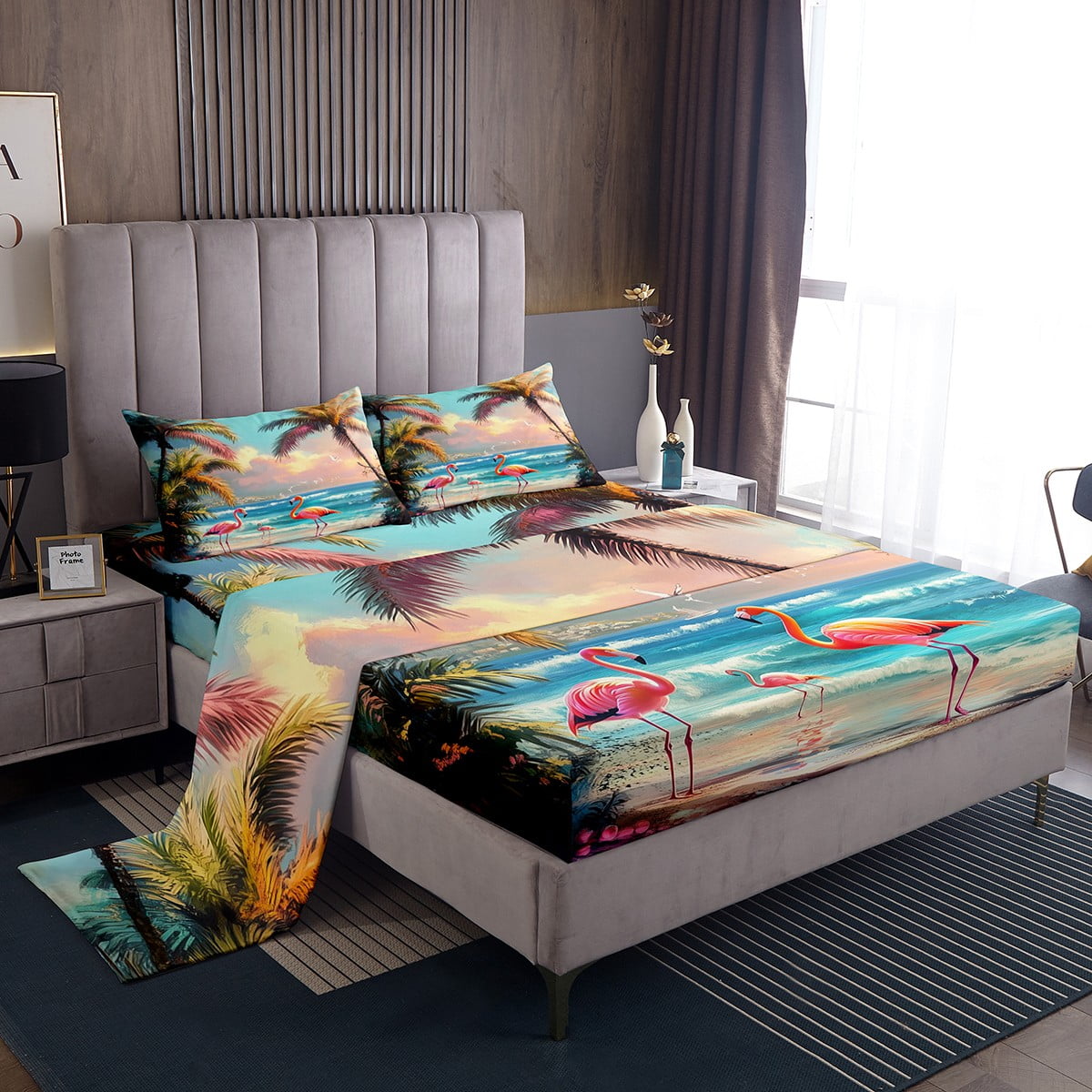 Pink Flamingo Bed Sheets Set Hawaii Beach Sheet Set,Tropical Plants ...