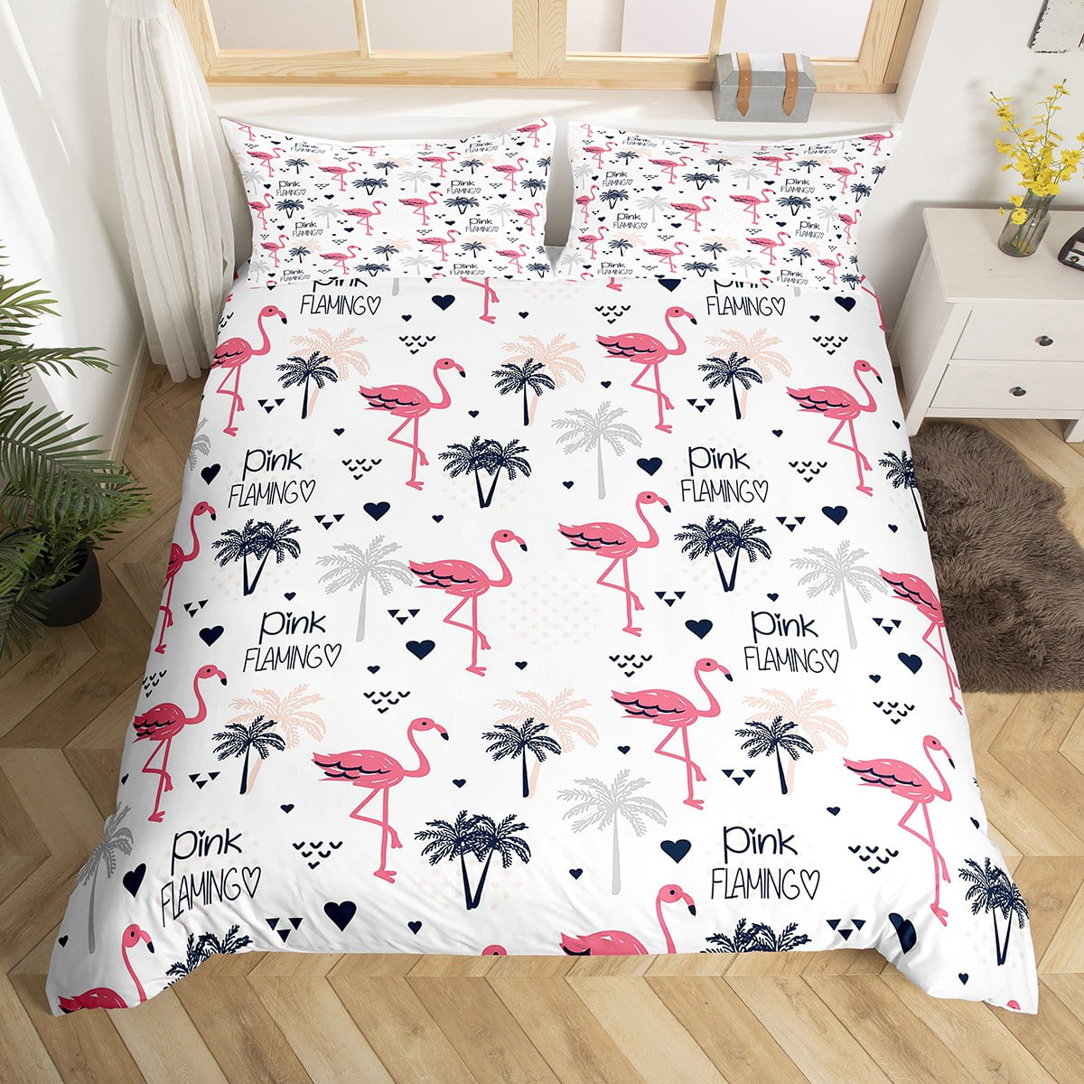 Pink Flamingo Bedding Set Full Women Flamingo Decor Duvet Cover Palm ...