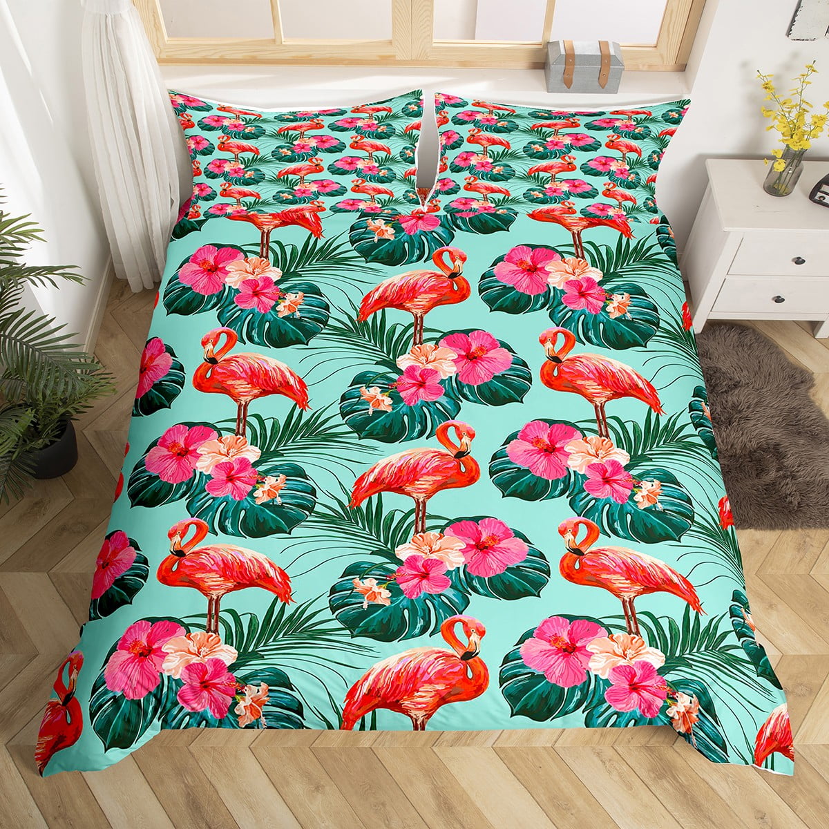 Pink Flamingo Bedding Set Gifts for Women,Palm Tree Leaves Tropical ...