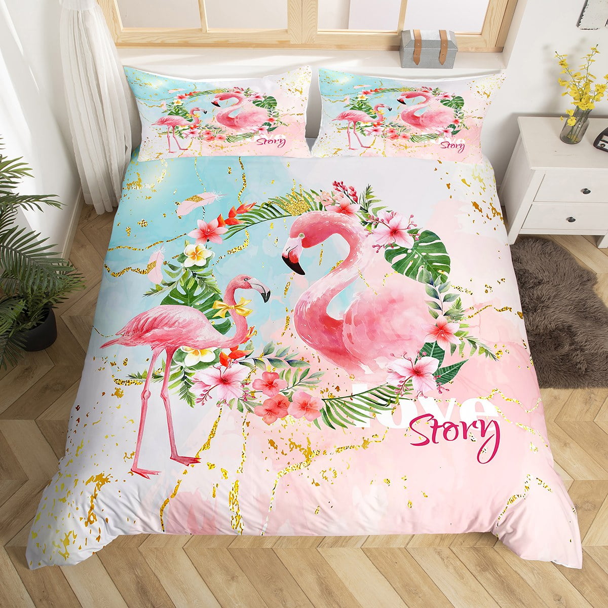 Pink Flamingo Bedding Set Girls Flamingo Duvet Cover Queen Size Cute ...