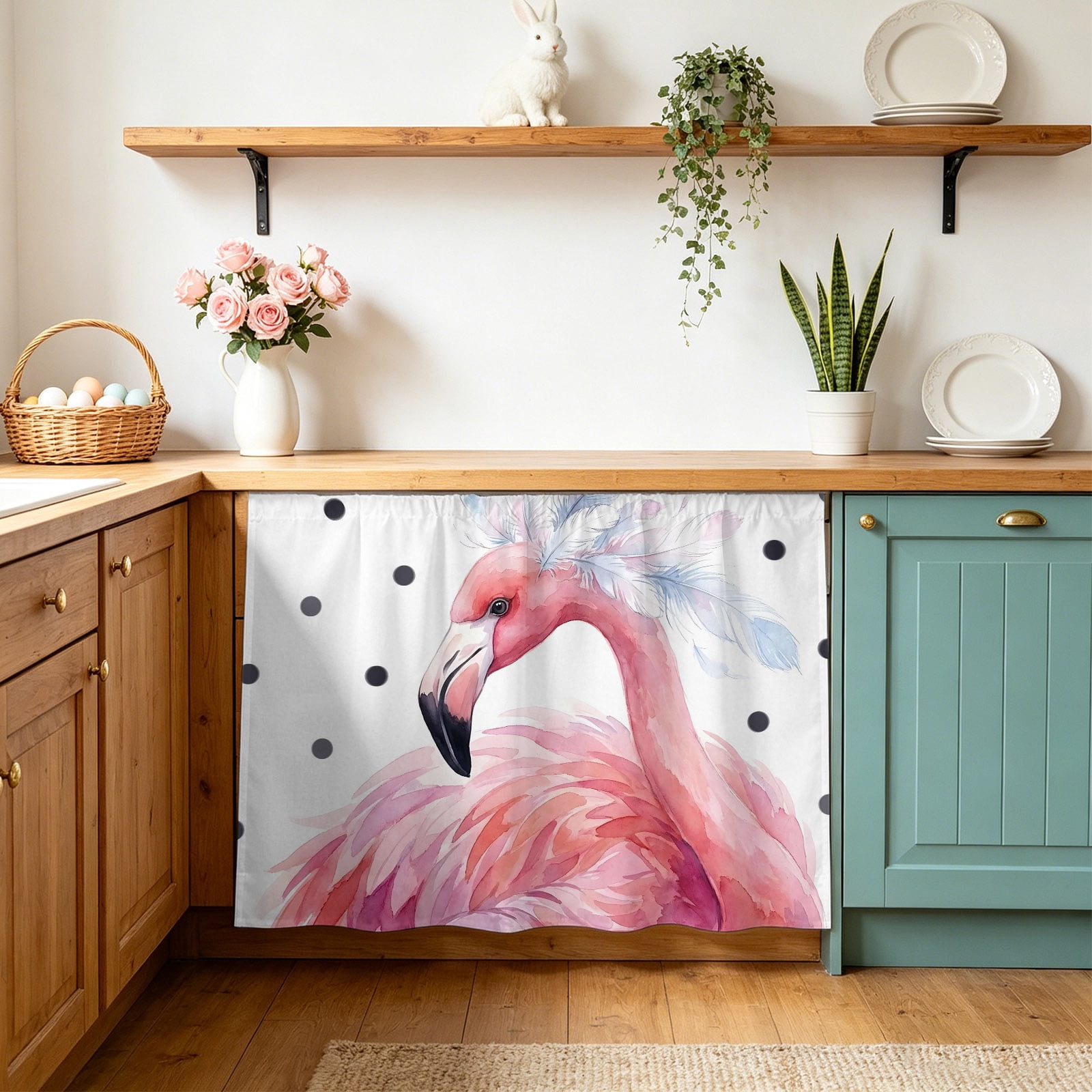 Pink Flamingo Cabinet Curtains 11"Wx13"L, Boho Animals Pattern White ...
