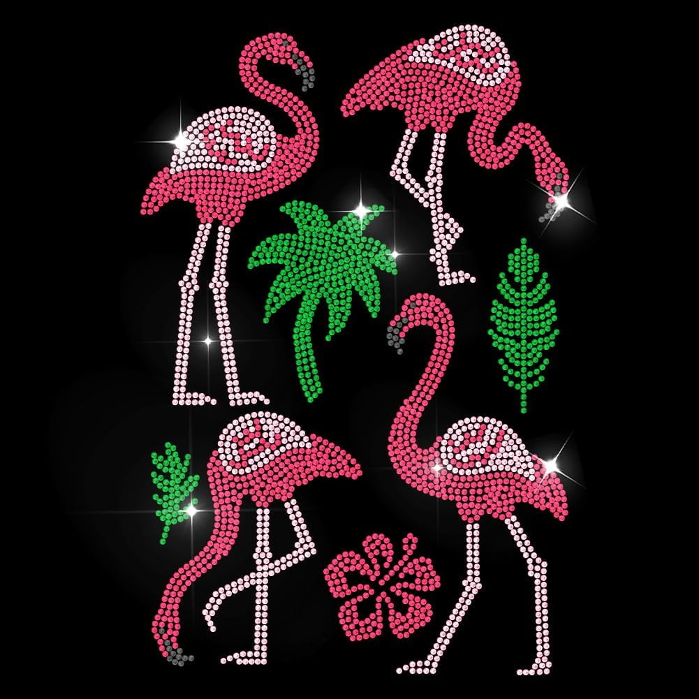 Pink Flamingo Coconut Tree Rhinestone Iron on Hotfix Transfer Green ...