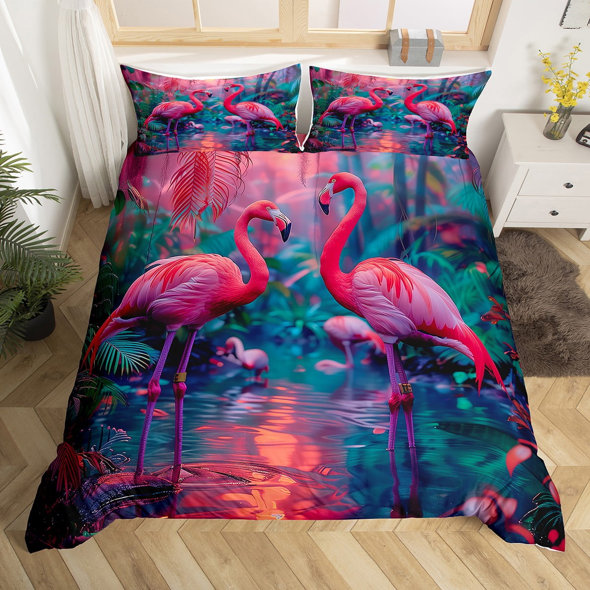 Pink Flamingo Comforter Cover Dreaming Jungle Bed Set, Woodland Animal ...