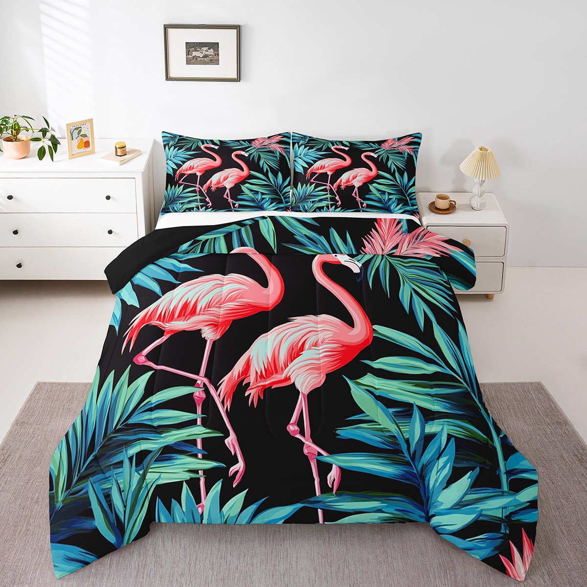 Pink Flamingo Comforter Set Full,Tropical Palm Tree Bedding,Dreamy ...
