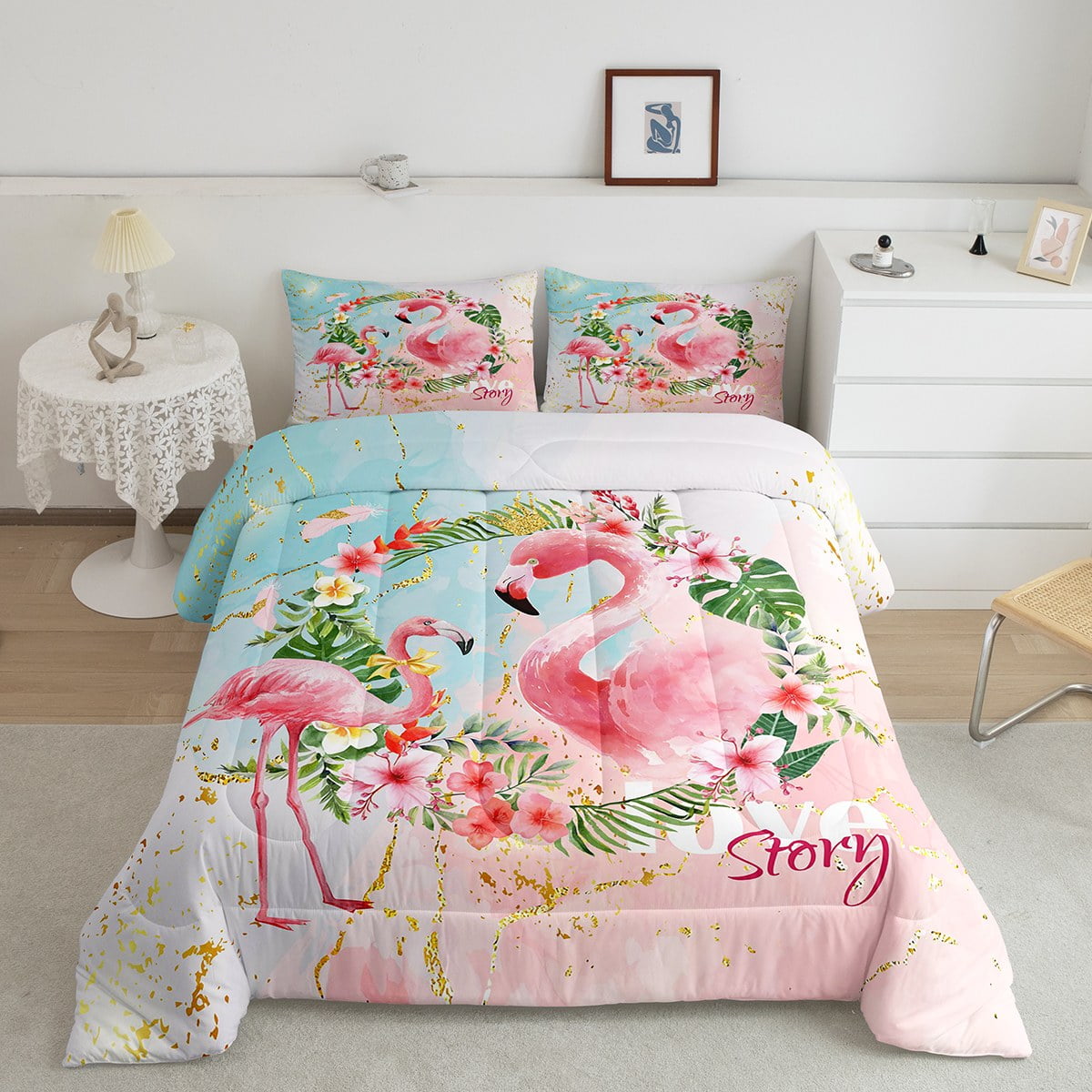 Pink Flamingo Comforter Set Girls Flamingo Bedding Queen Size Cute ...