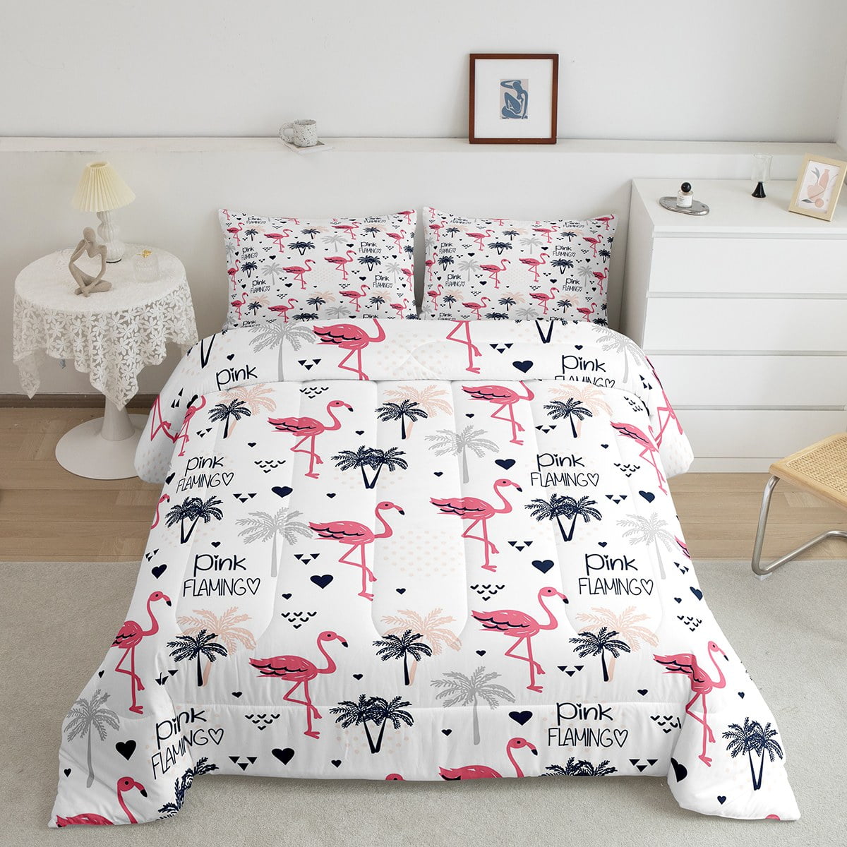 Pink Flamingo Comforter Set King Women Flamingo Decor Bedding Palm ...