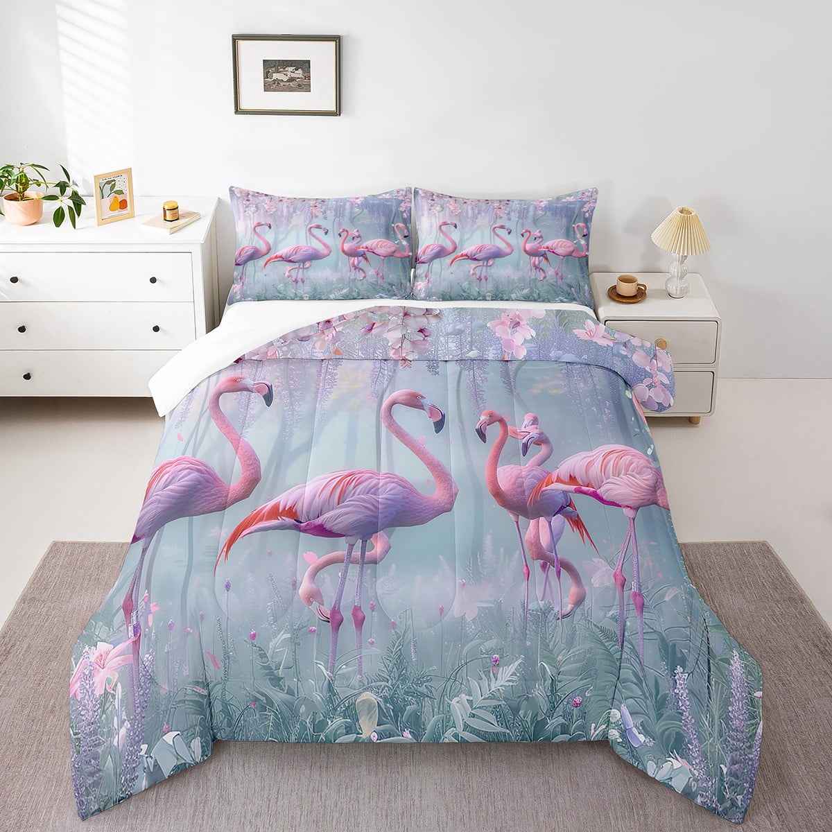 Pink Flamingo Comforter Set Woodland Animals King Bedding Set,Botanical ...
