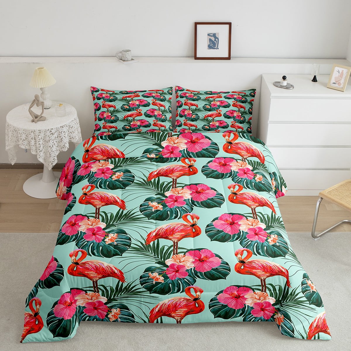 Pink Flamingo Comforter Set Gifts for Women Girls,Palm Tree Leaves ...