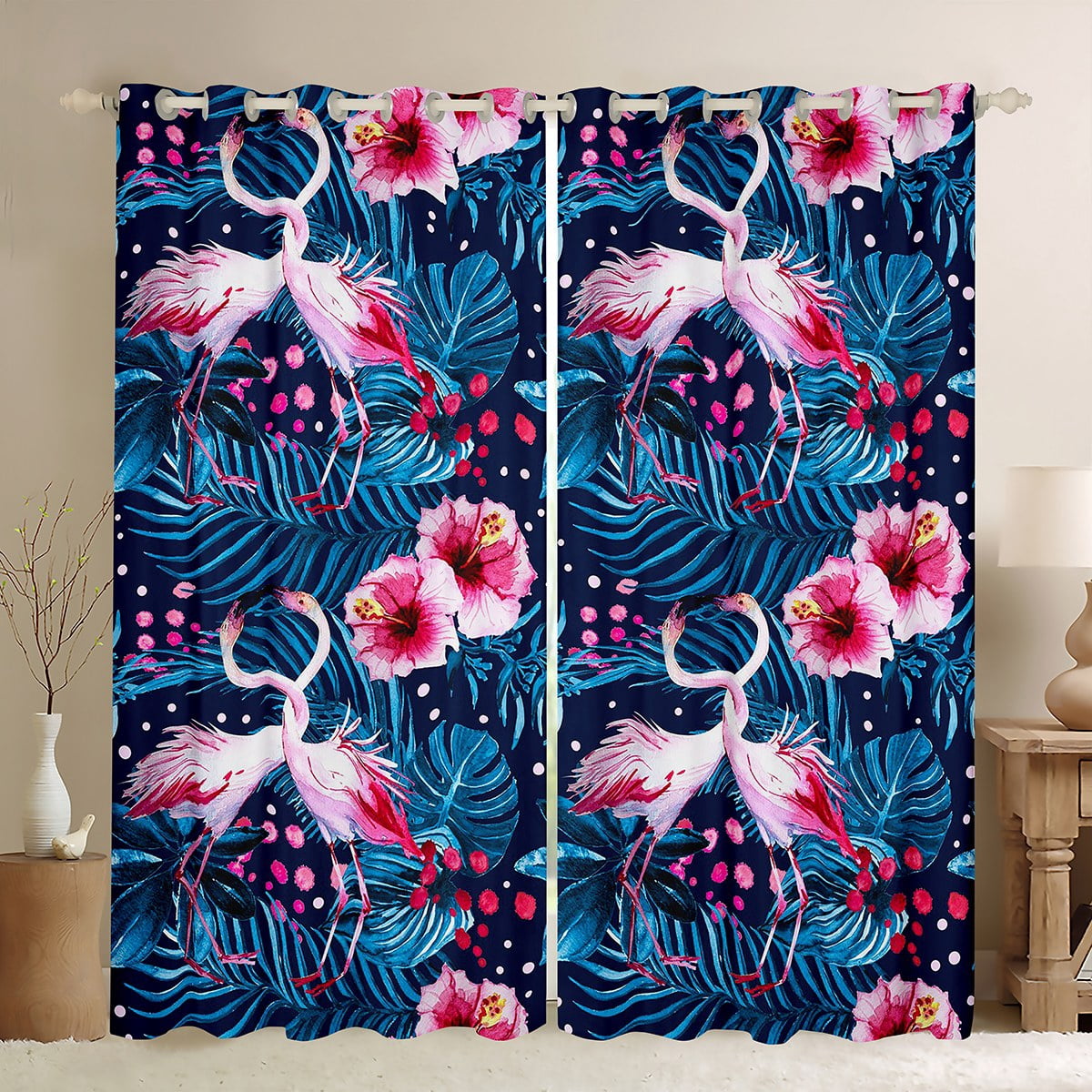 Pink Flamingo Curtains Women Flamingo Decor Blackout Curtains Blue Palm ...