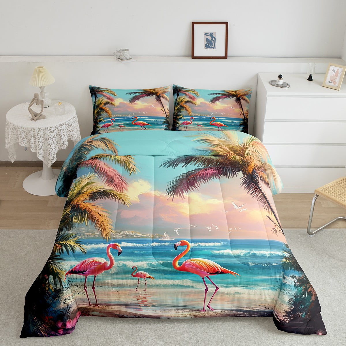Pink Flamingo Down Comforter Hawaii Beach Comforter Set,Tropical Plants ...