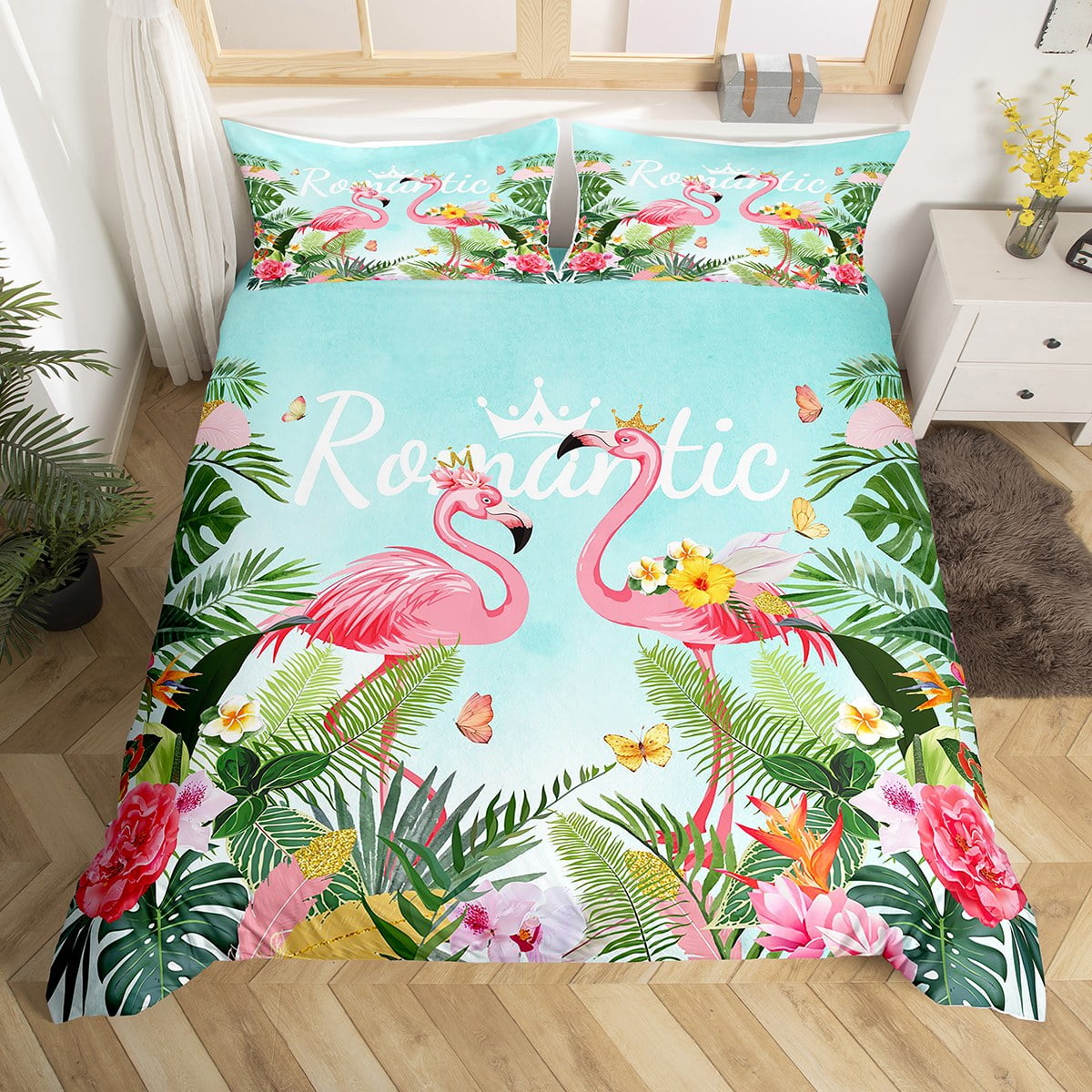 Pink Flamingo Duvet Cover Women Romantic Theme Bedding Set King Size ...